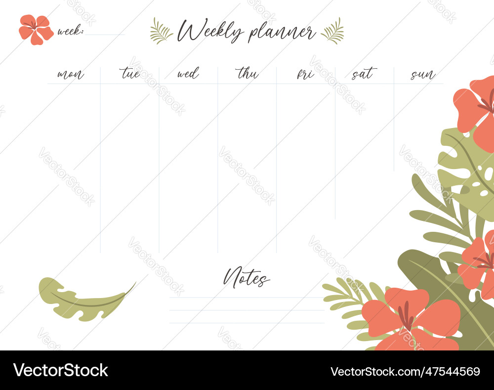 Printable weekly planner concept with tropical Vector Image