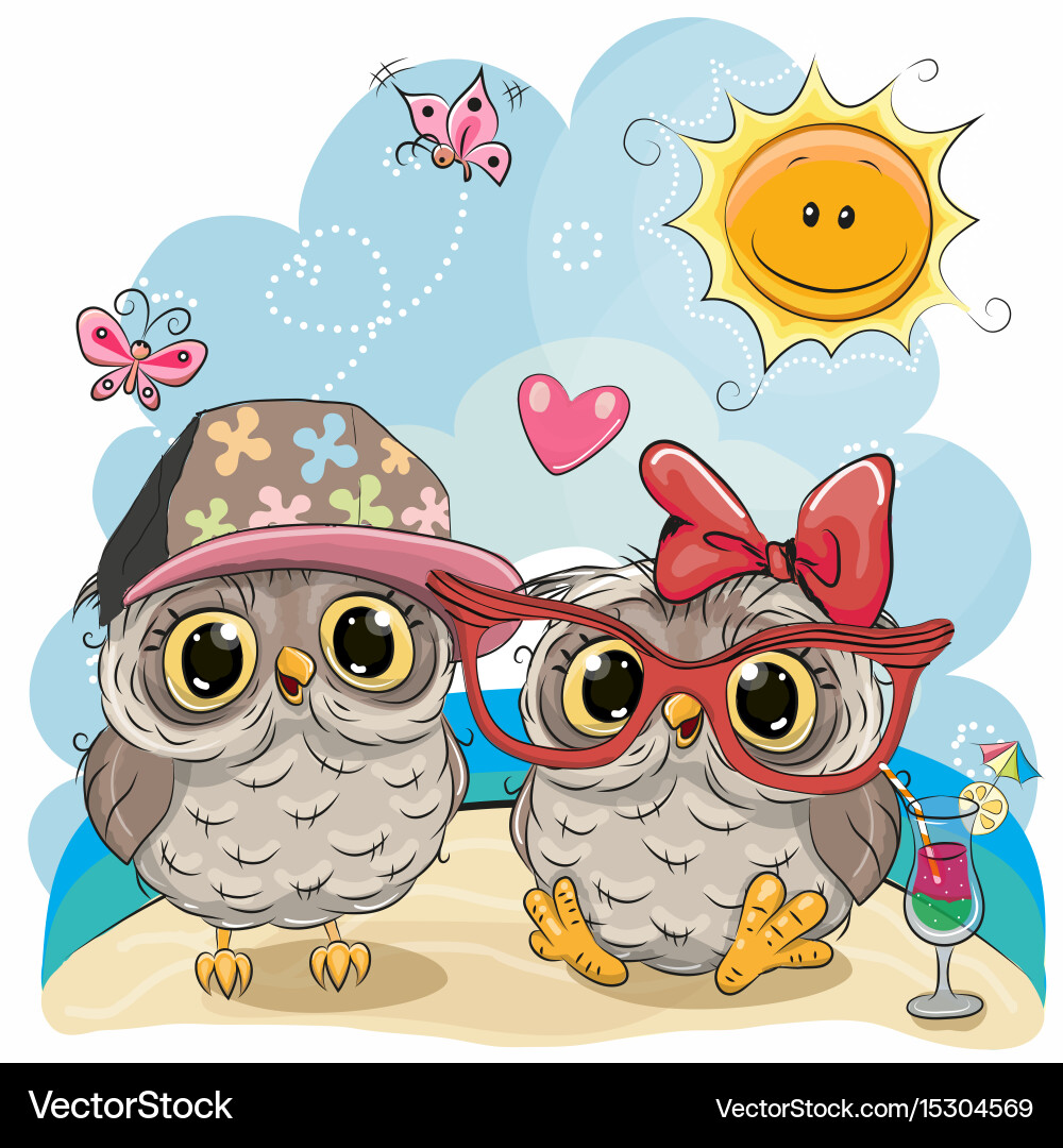 Two owls on the beach Royalty Free Vector Image