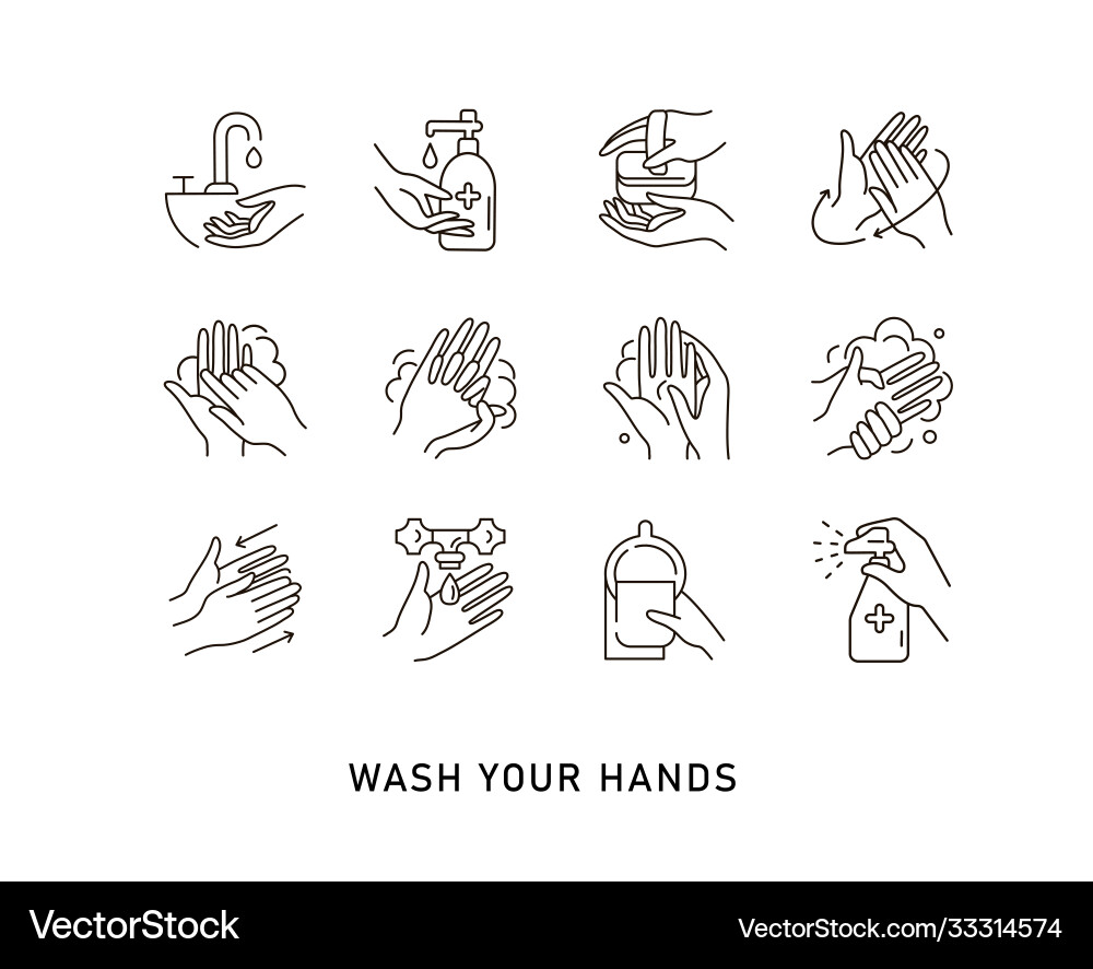 Hand hygiene line icon set simple minimal Vector Image