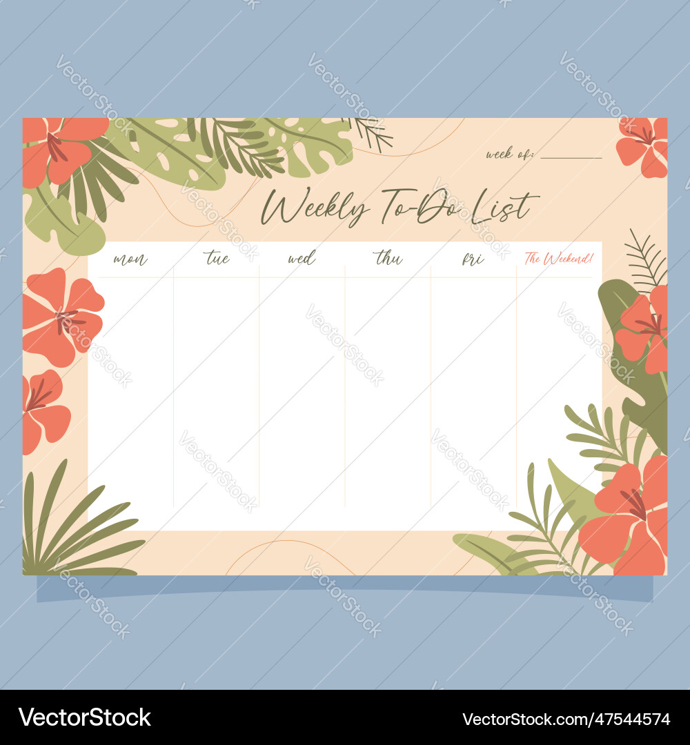 Printable weekly planner concept with tropical Vector Image