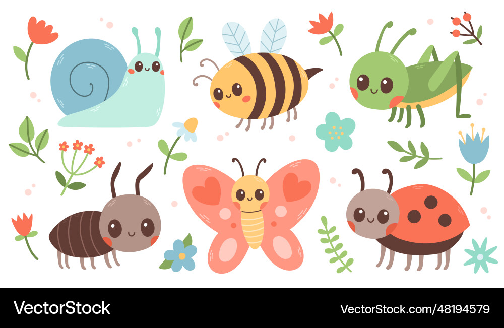 Cute insects set butterfly ant ladybug bee Vector Image