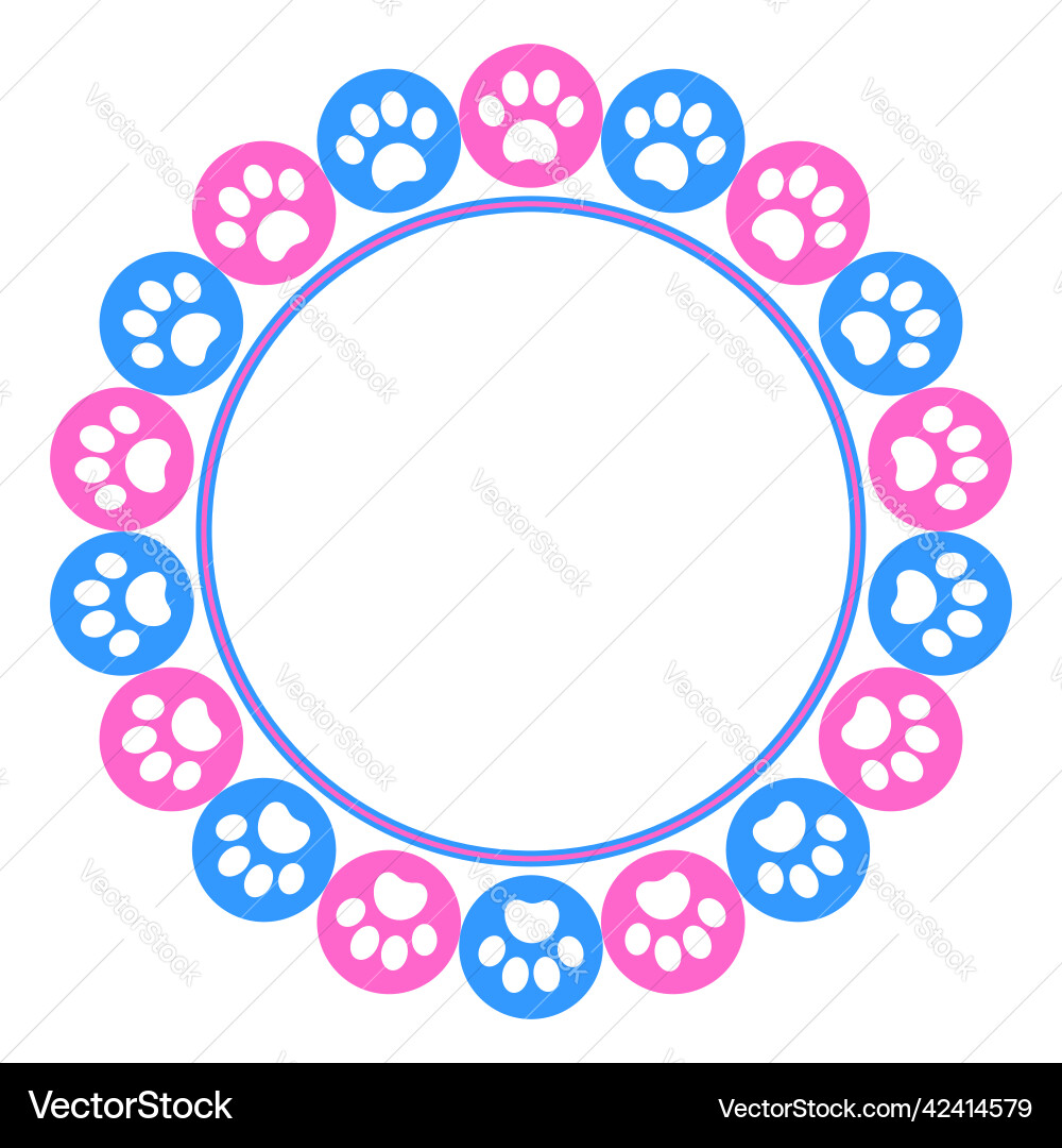 Pink blue round frame with animal paws Royalty Free Vector