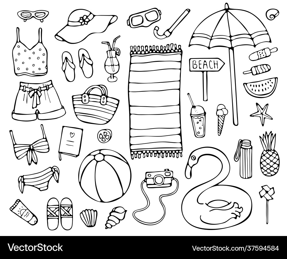 Summer doodle set black elements on white Vector Image