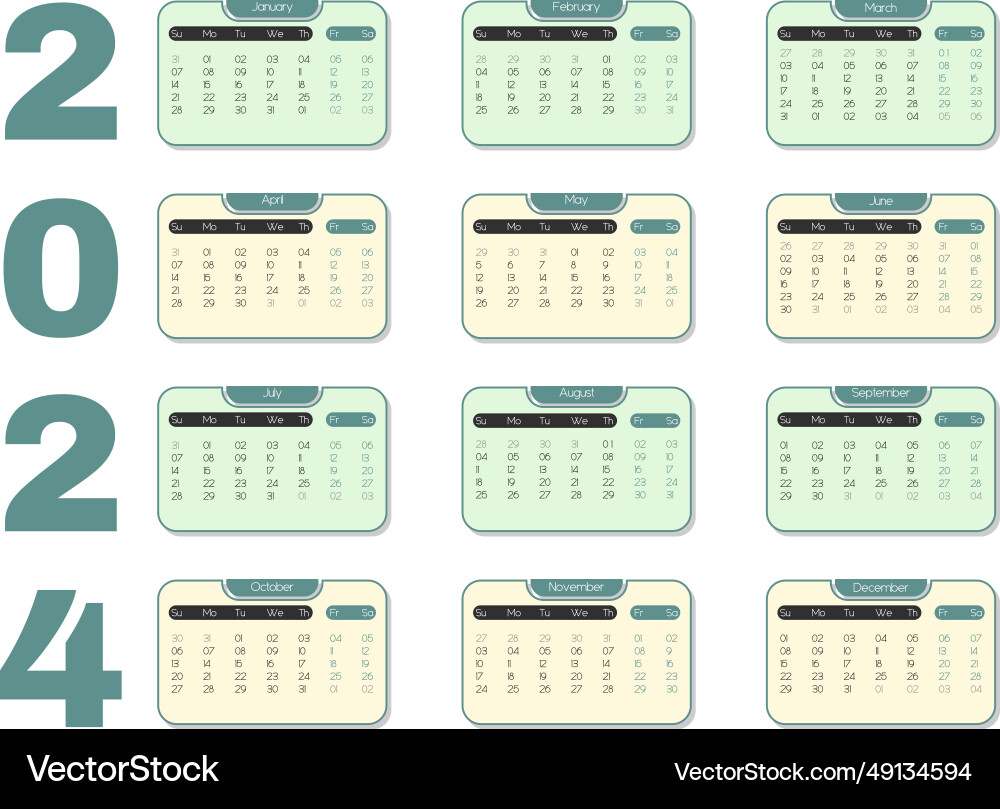 2024 in color creative calendar Royalty Free Vector Image