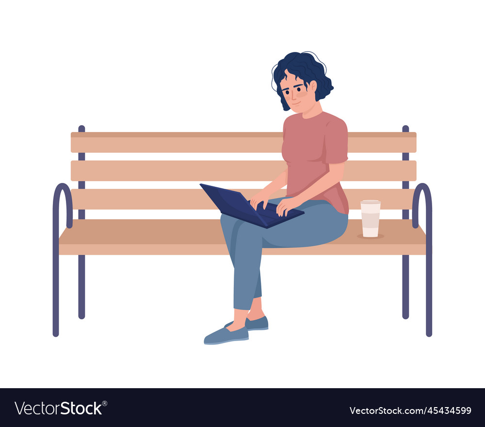 Female Freelancer Working Remotely On Bench Semi Vector Image