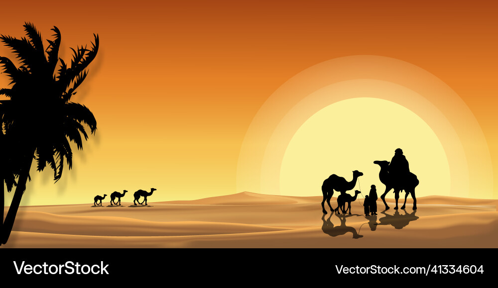 Desert landscape ssunset with muslim caravan Vector Image