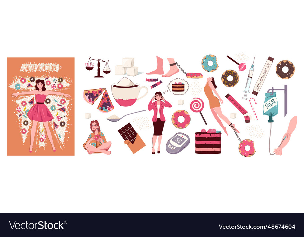 Sugar addiction flat composition set Royalty Free Vector Sugar addiction flat composition set Royalty Free Vector