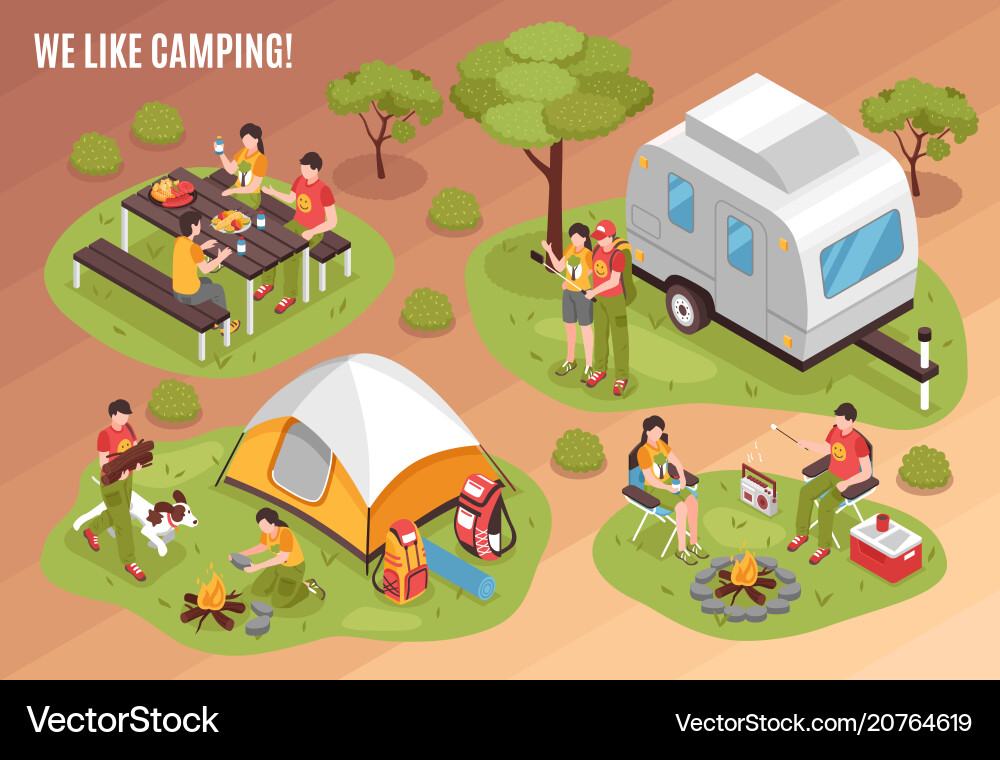 Camping barbecue isometric set Royalty Free Vector Image