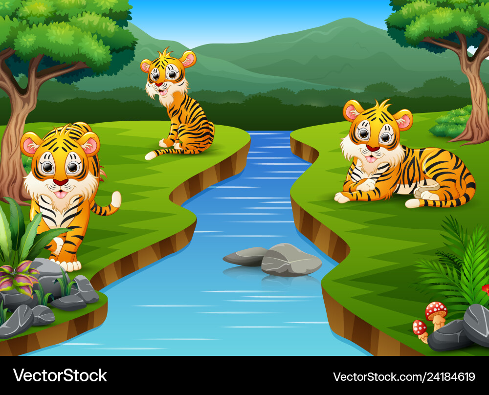 Cartoon tiger group on the riverside Royalty Free Vector
