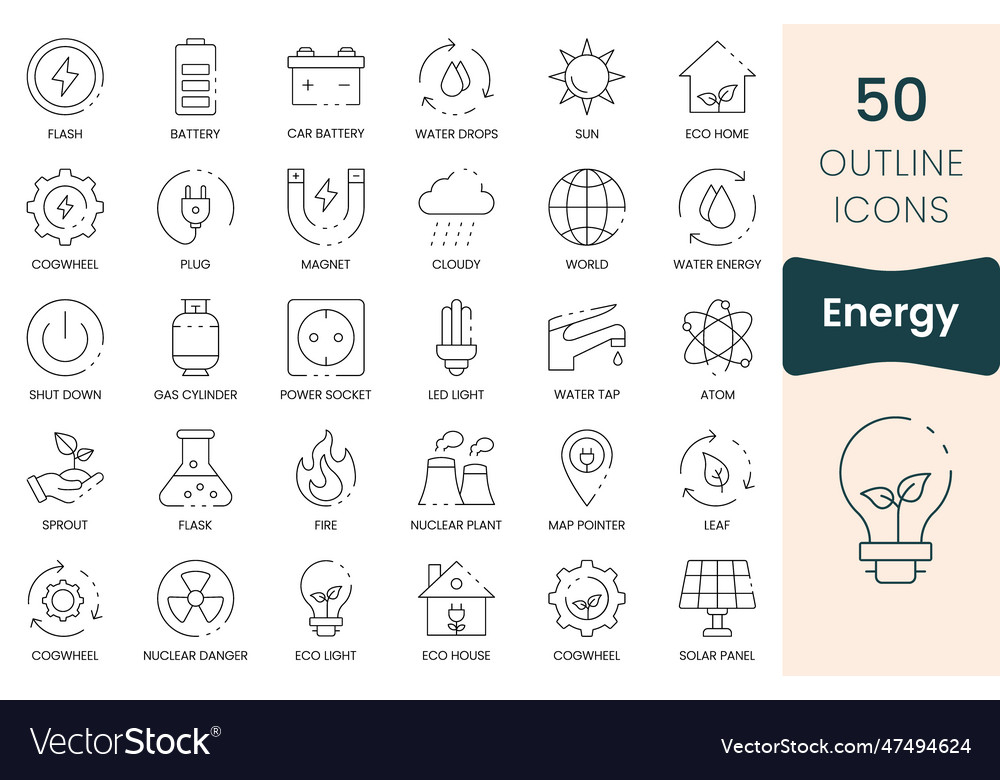 Set of energy icons thin outline pack Royalty Free Vector