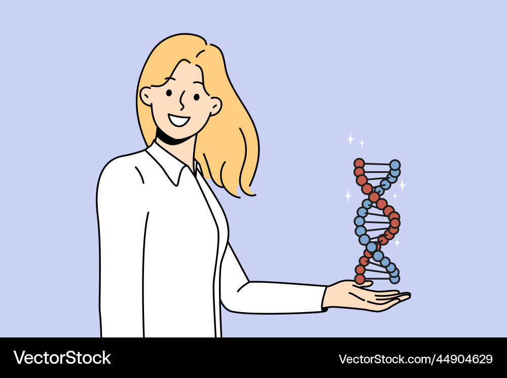 Smiling female scientist hold dna model Royalty Free Vector