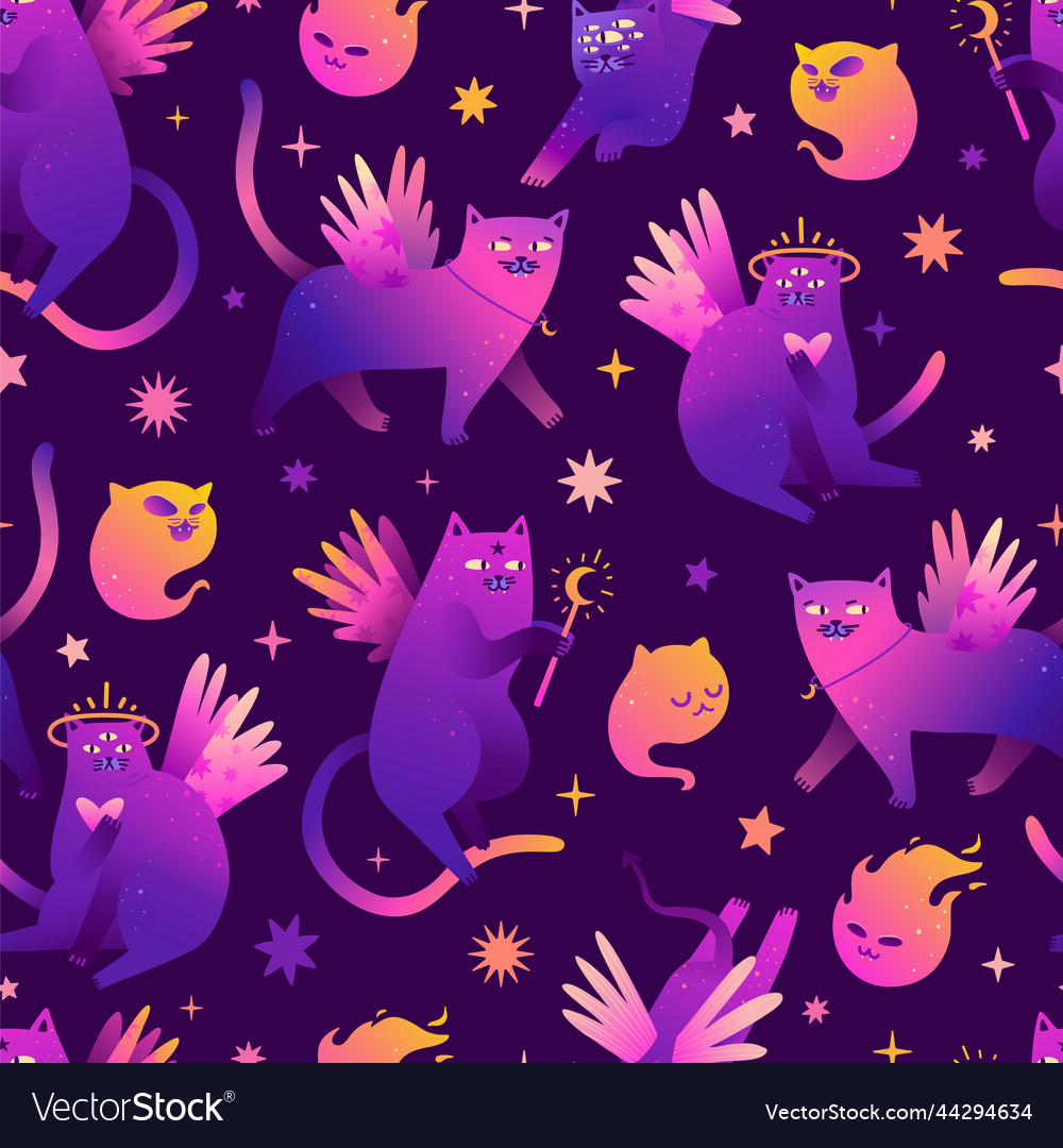 Mystical seamless pattern with cartoon shiny cats Vector Image