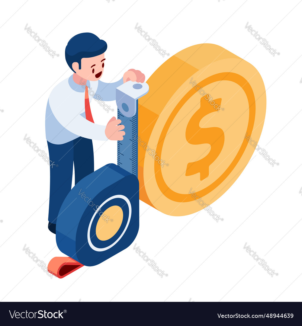 Isometric businessman measuring money coin Vector Image Isometric businessman measuring money coin Vector Image