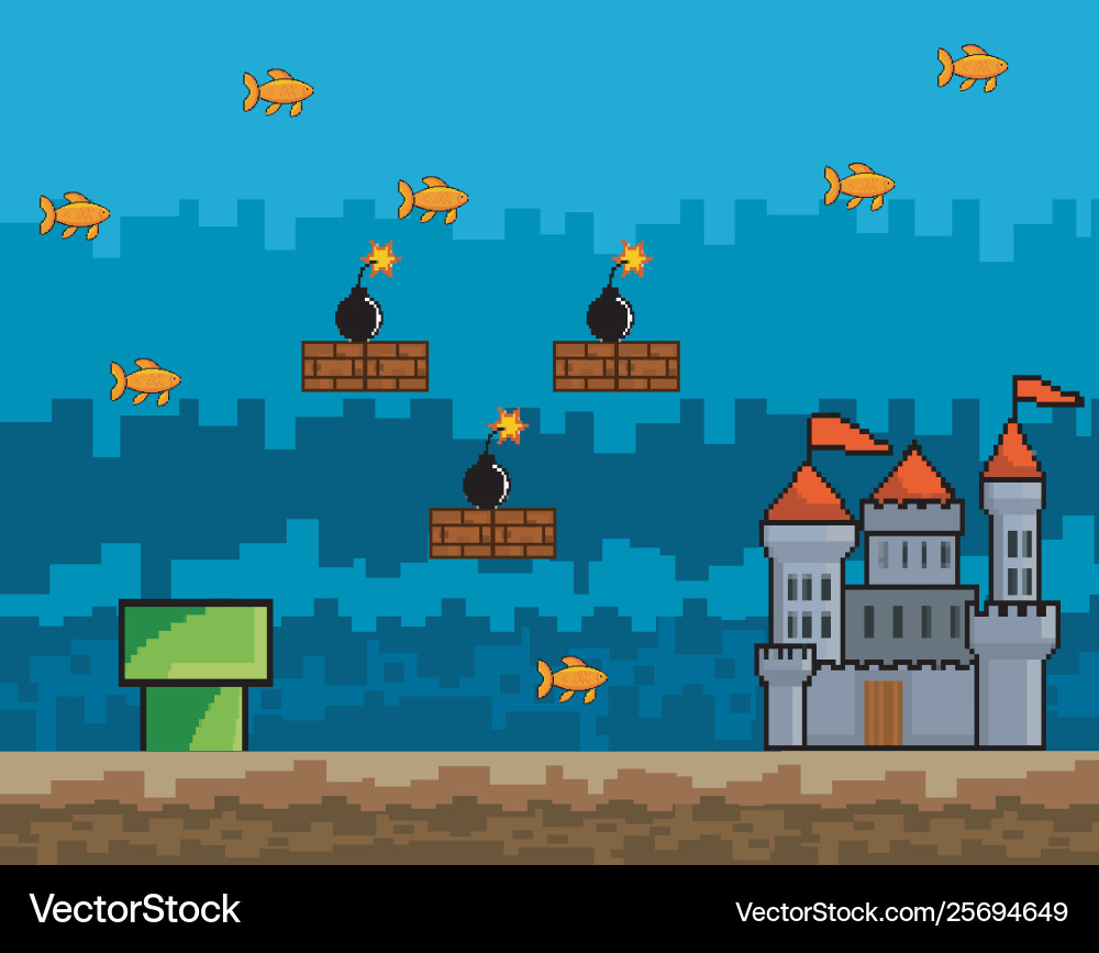 Arcade game world and pixel scene design Vector Image