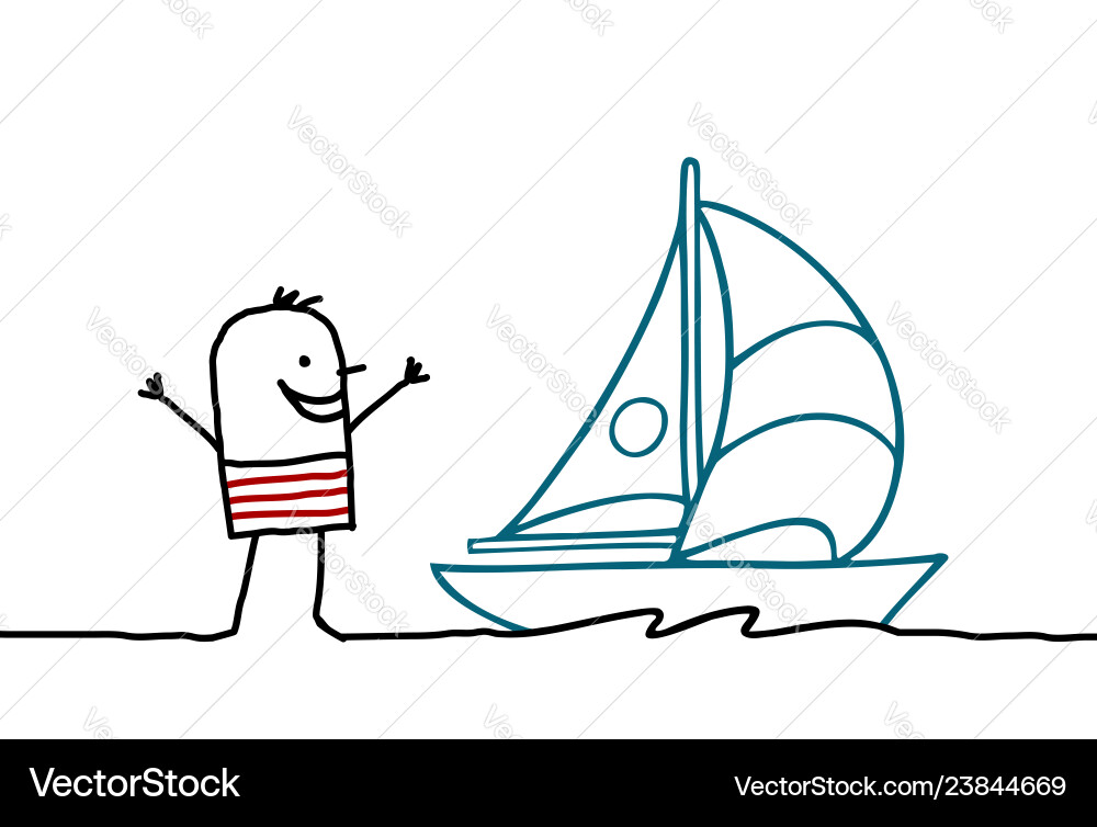 Cartoon man and sailing boat Royalty Free Vector Image