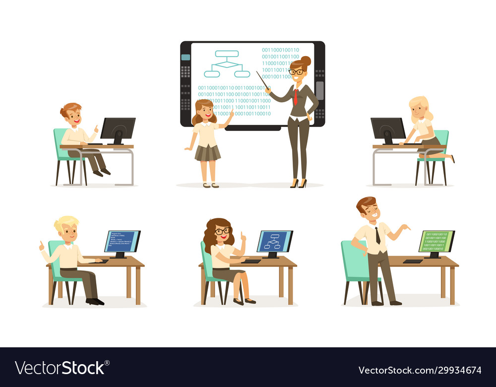 School children at informatics or programming Vector Image