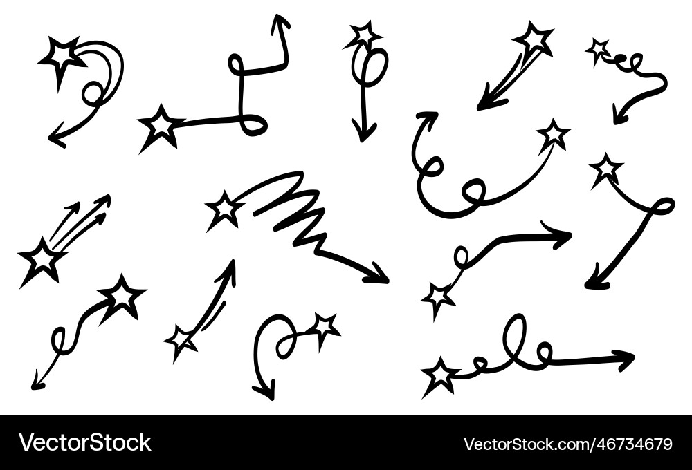 Doodle arrows with star on set arrow icon Vector Image