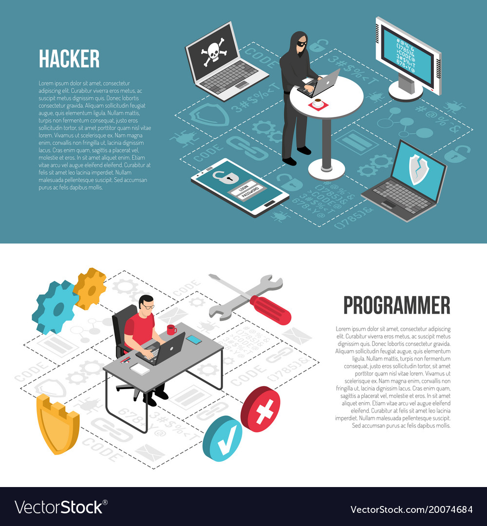 Hacker programmer isometric banners Royalty Free Vector