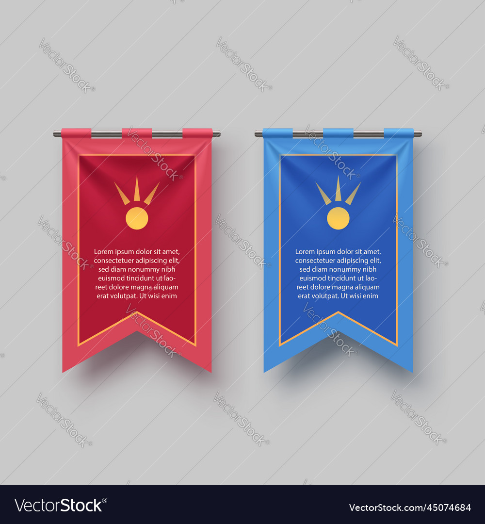 Hanging medieval flags with shadows on grey Vector Image