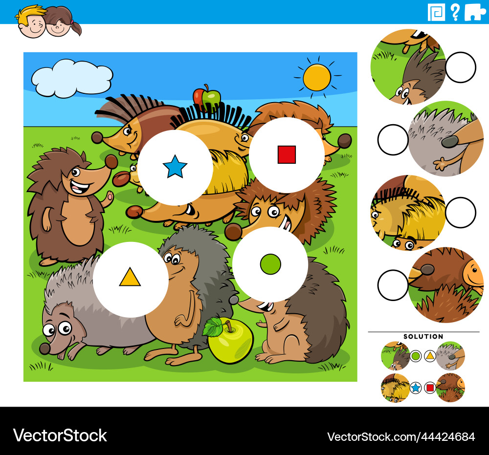 Match pieces task with cartoon hedgehog animals Vector Image