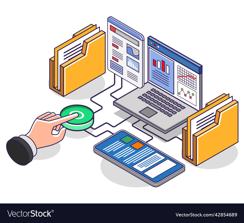 Hand press button and analyze data Royalty Free Vector Image