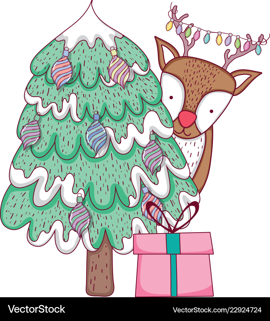 Merry christmas tree with reindeer Royalty Free Vector Image