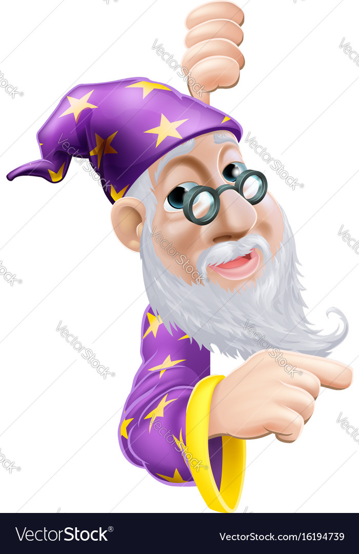 Friendly wizard pointing Royalty Free Vector Image