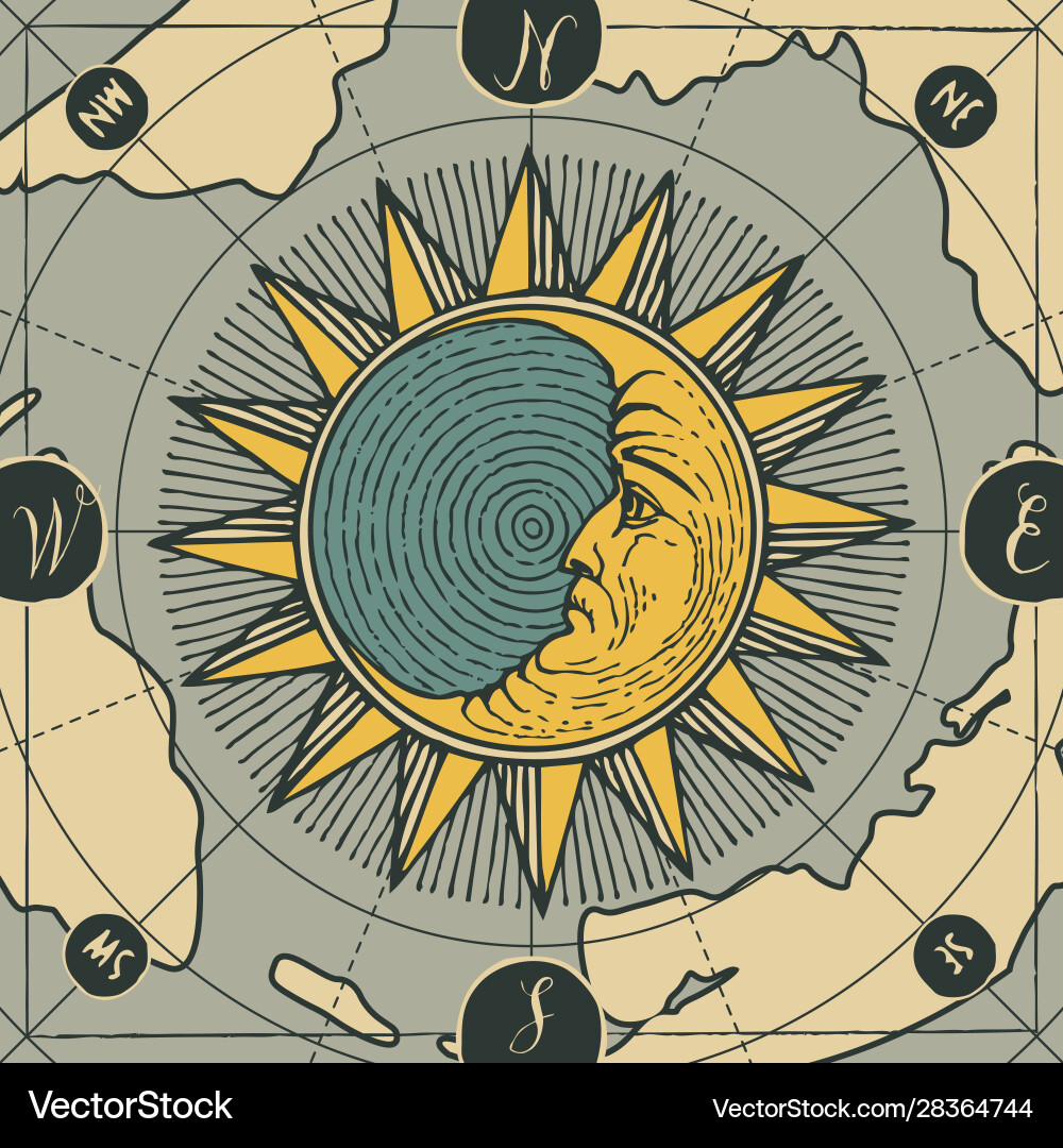Banner with sign moon sun and old map Royalty Free Vector