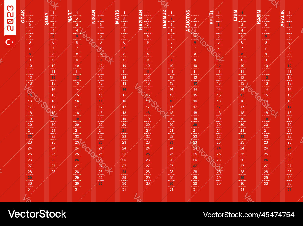 One-row vertical calendar for the year 2023 Vector Image