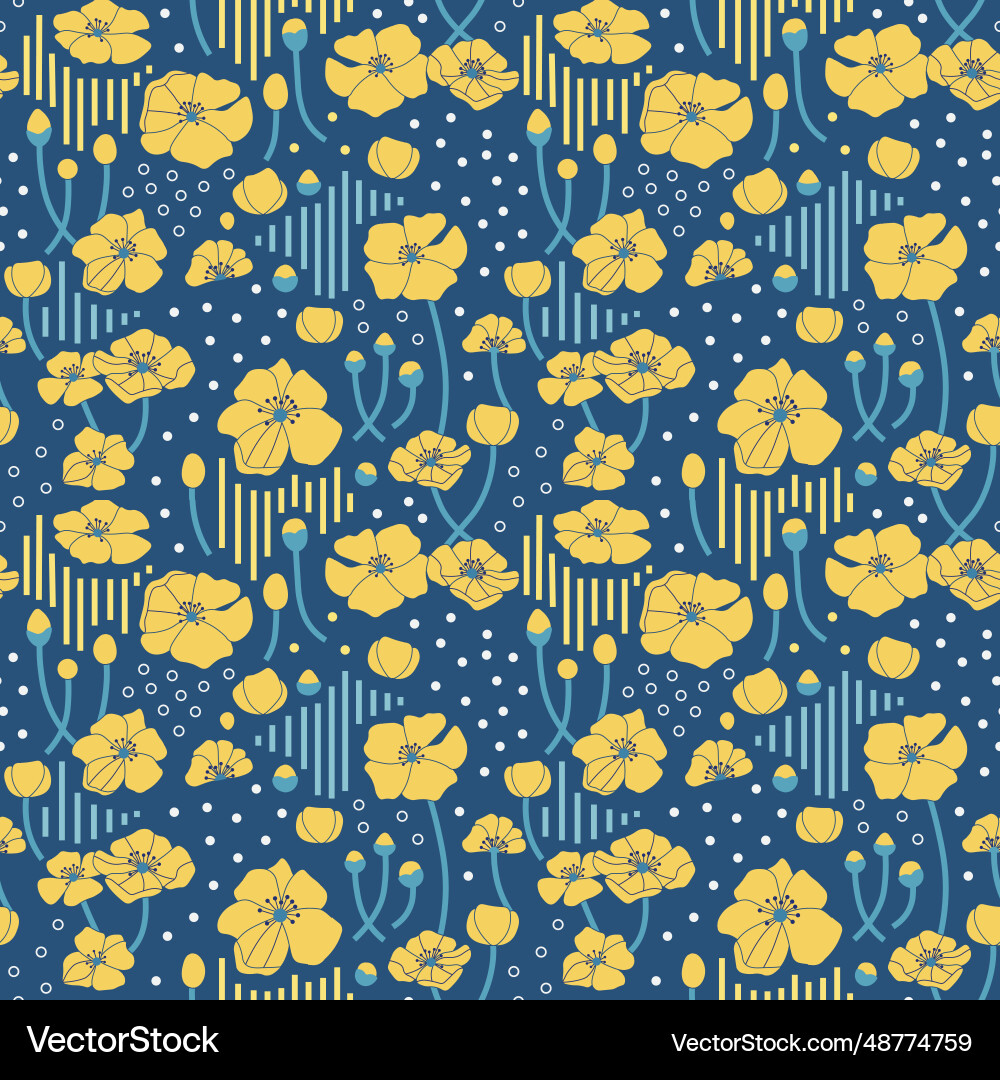 Yellow buttercup flowers vintage botanical pattern
