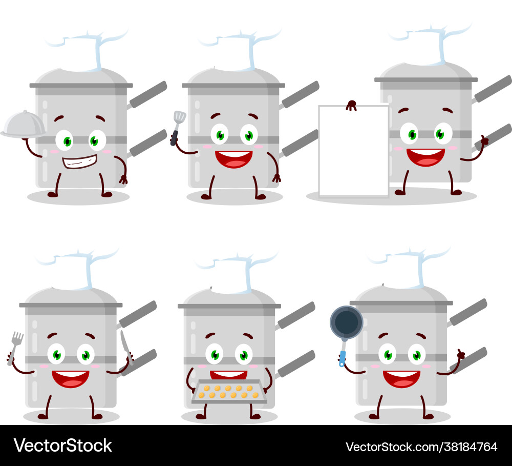 Cartoon double boiler with various chef emoticons Vector Image