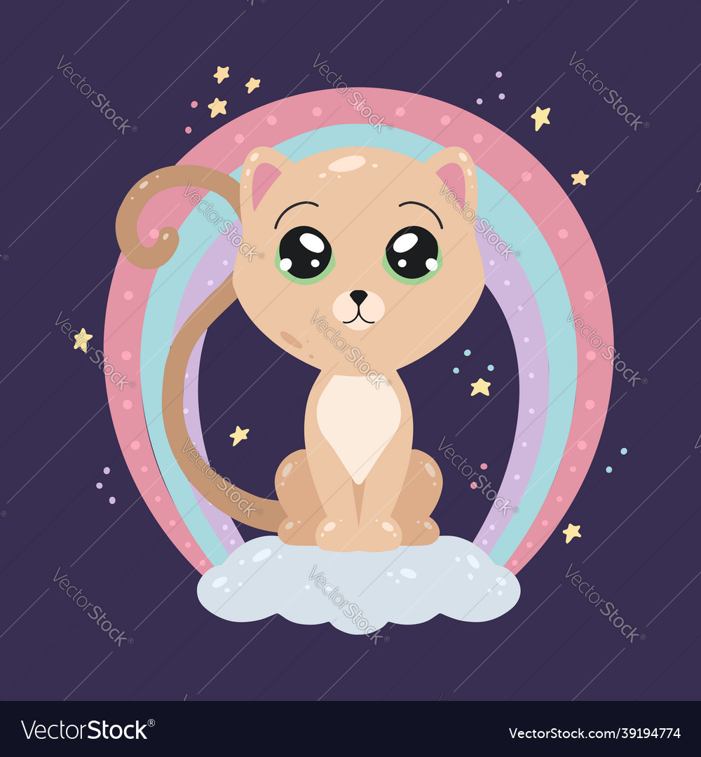 Cute childish of cat on a cloud with rainbow Vector Image