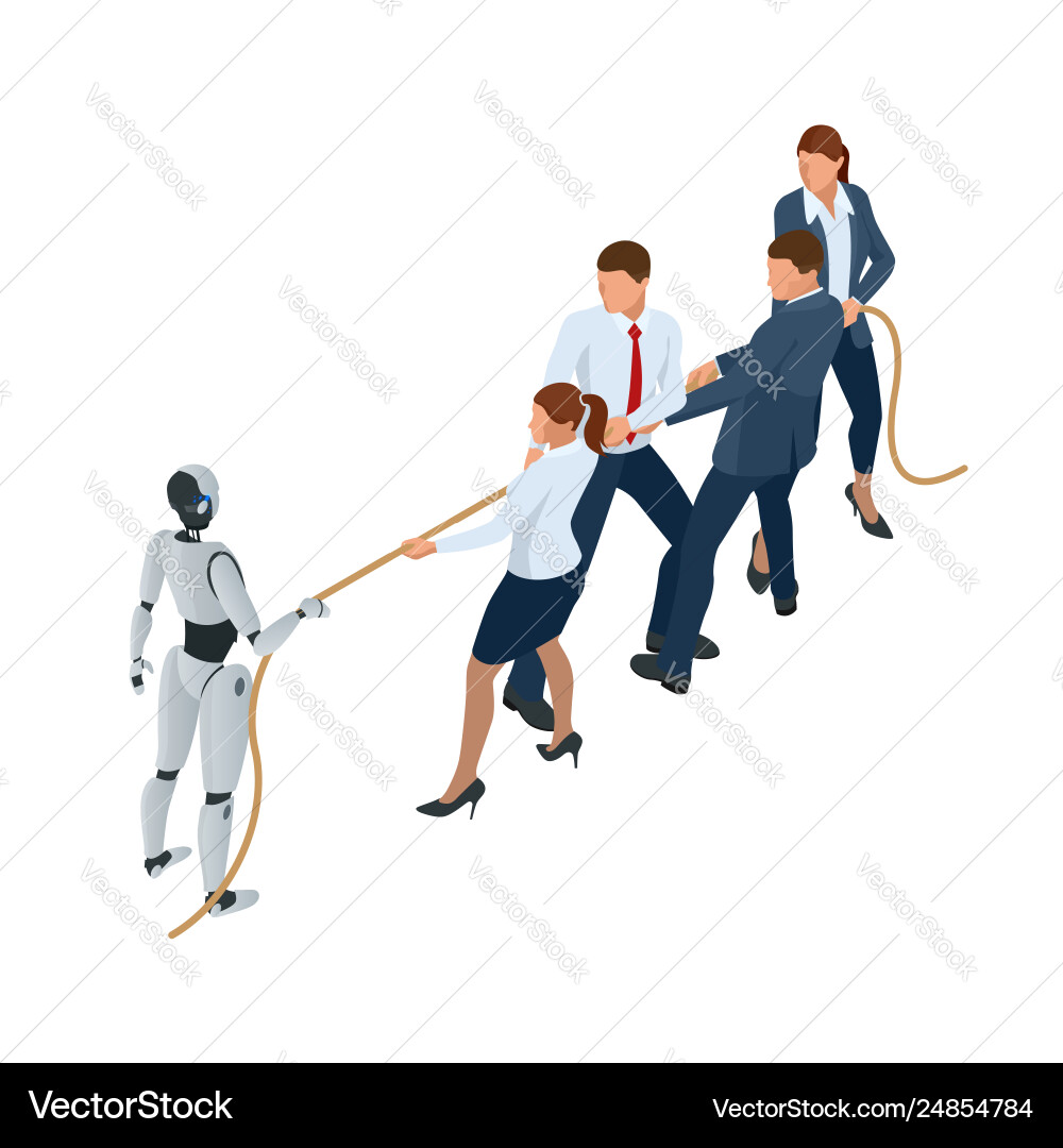 Isometric business people and robot fighting Vector Image