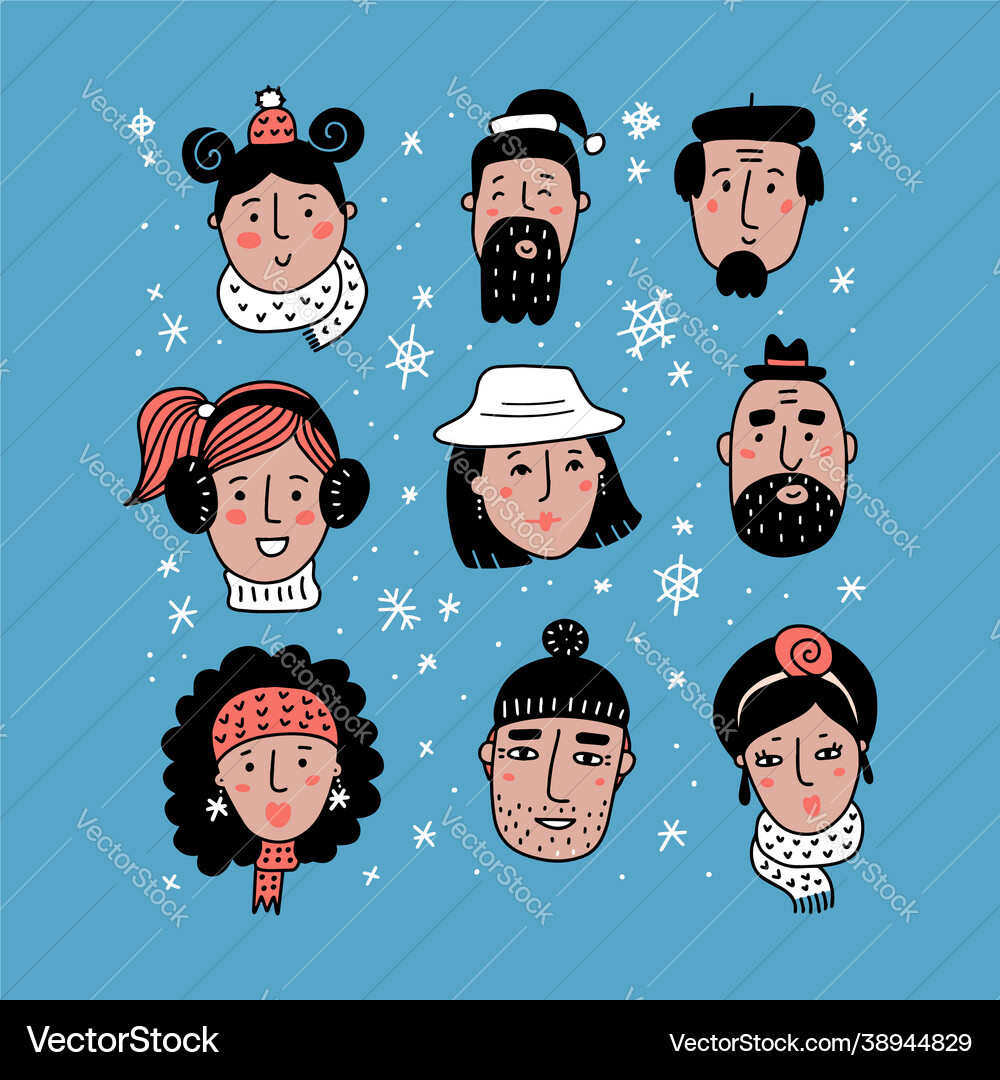 Different winter faces collection girl boy man Vector Image