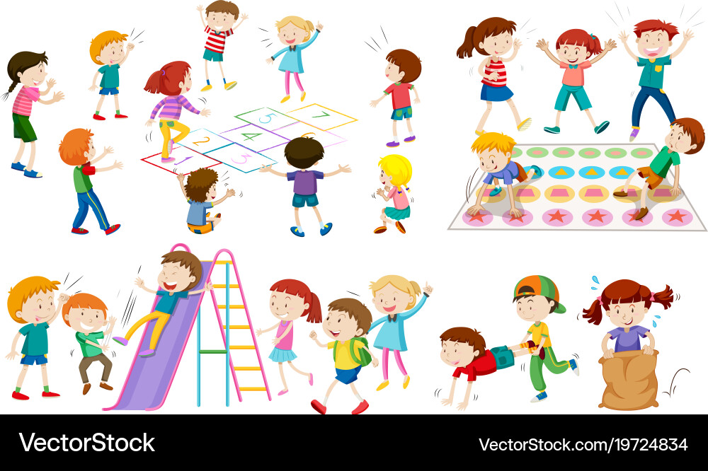 Many children play different games Royalty Free Vector Image