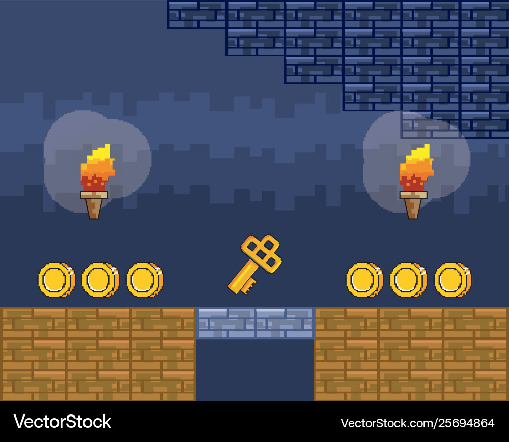 Arcade game world and pixel scene design Vector Image