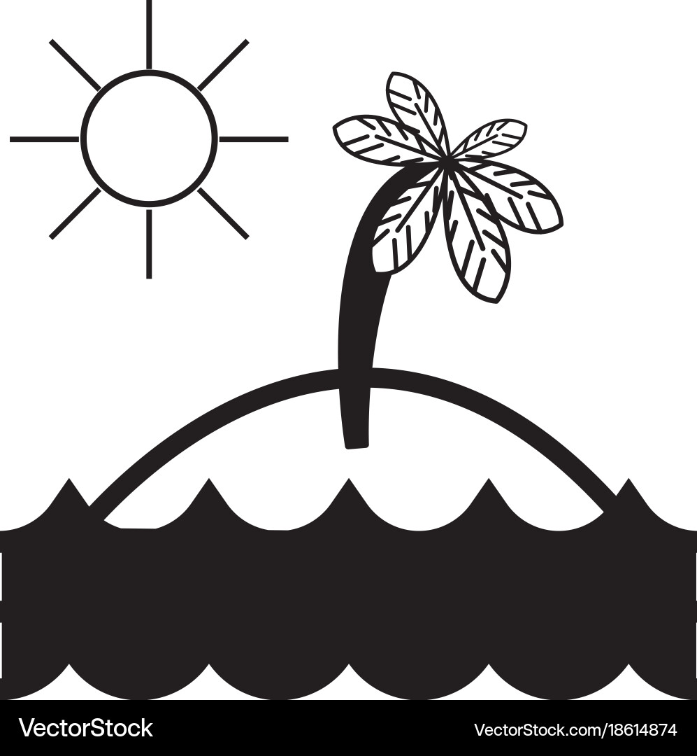 Contour island with palm tree sun and waves Vector Image