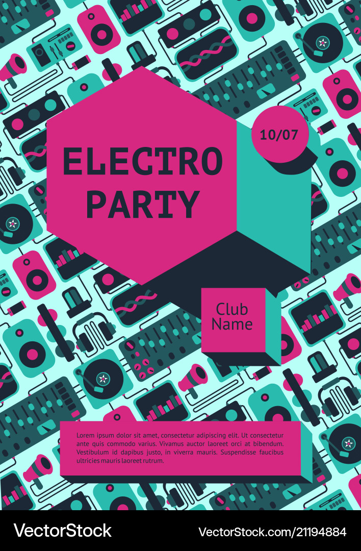 Electro party poster with dj equipment Royalty Free Vector