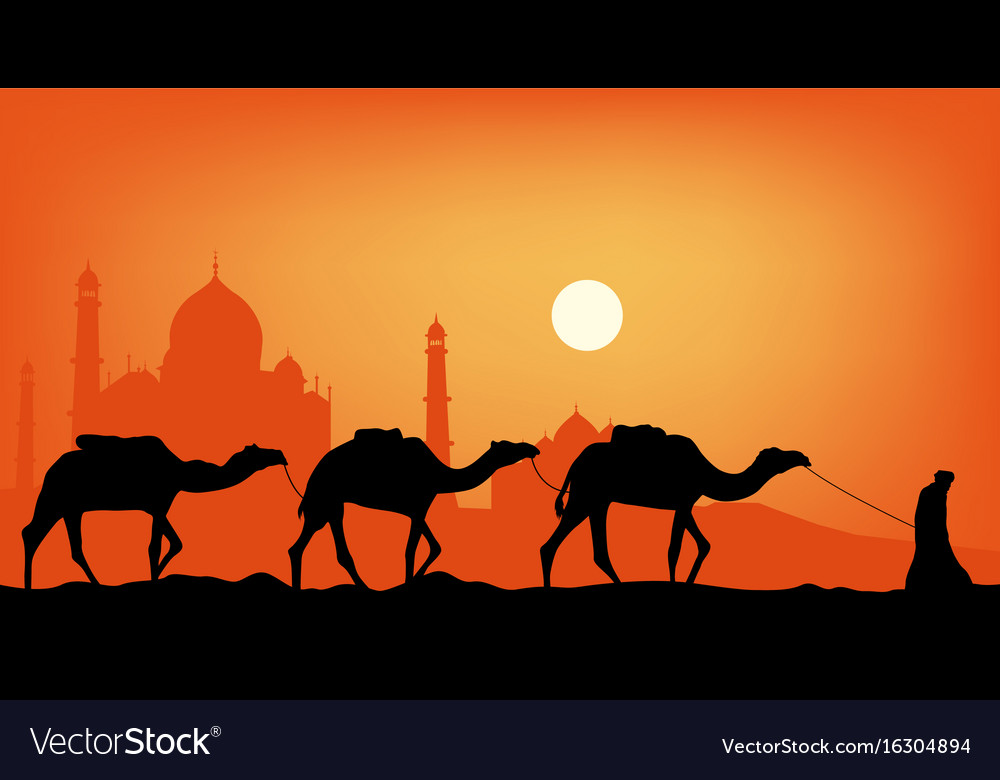 Camels in the desert against the background of Vector Image