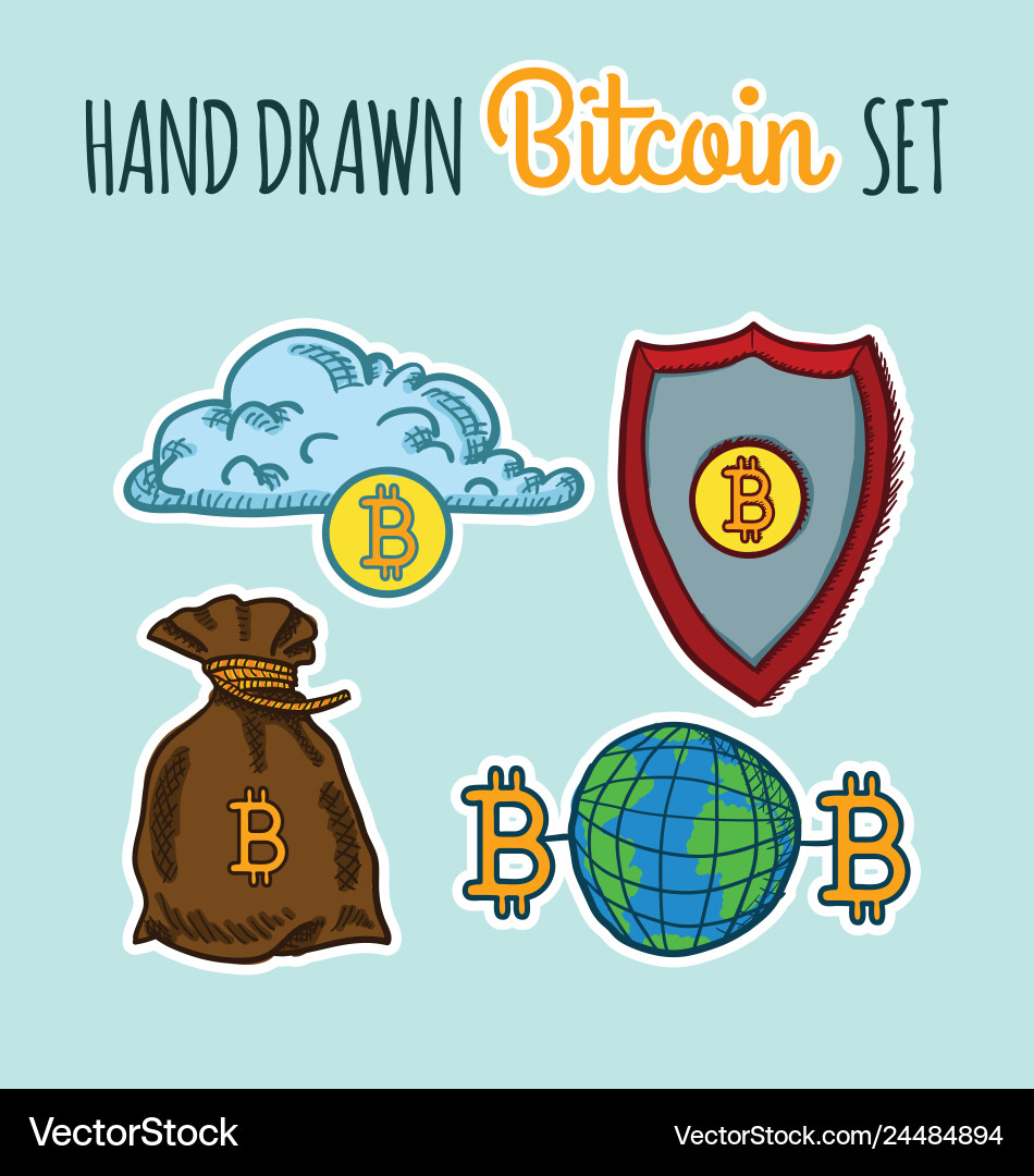 Hand drawn colorful bitcoin set Royalty Free Vector Image