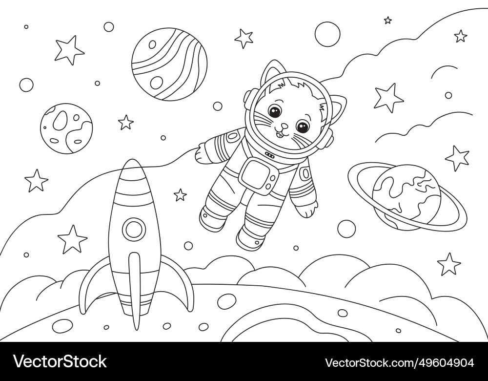 Coloring page with astronaut cat and planets Vector Image