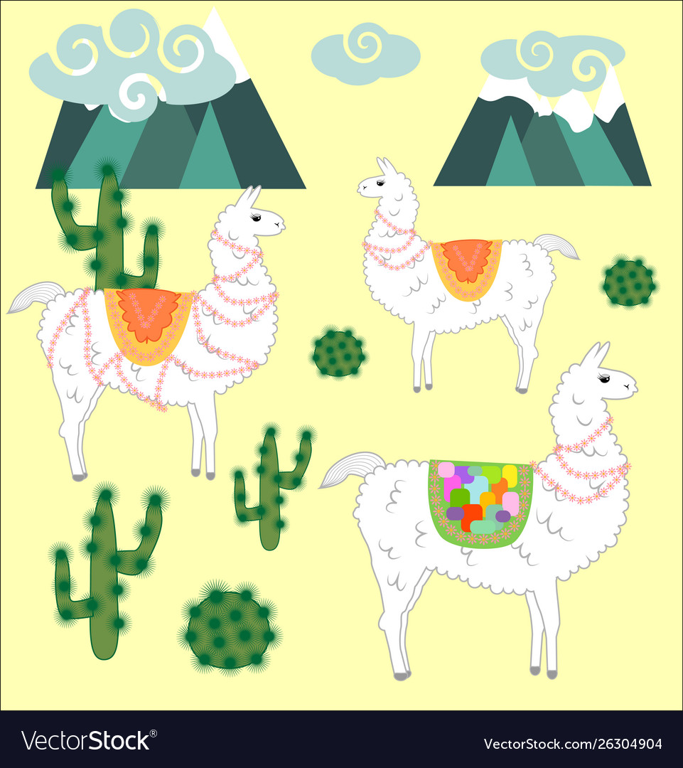 Three llama alpaca white color with bright Vector Image