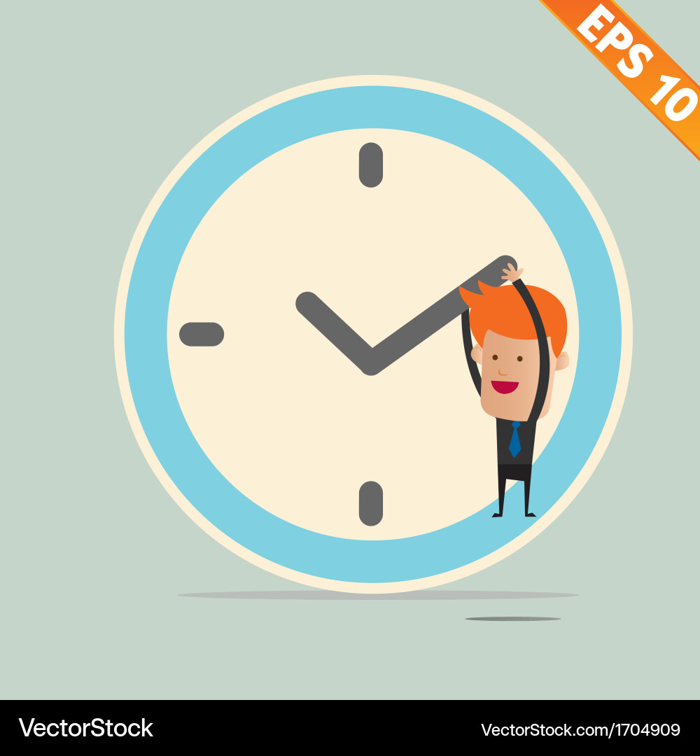 Cartoon businessman hanging on the clock Vector Image