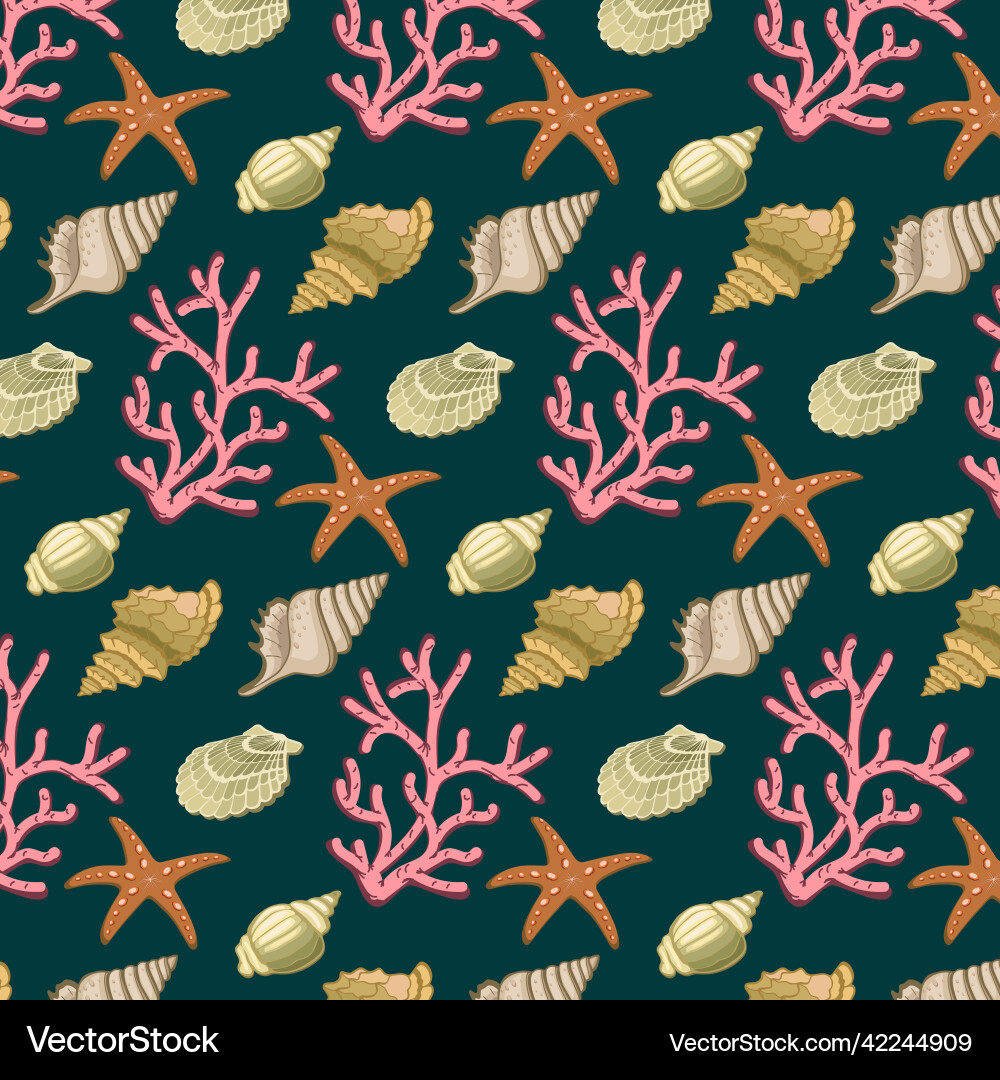 Corals and shells in a pattern Royalty Free Vector Image