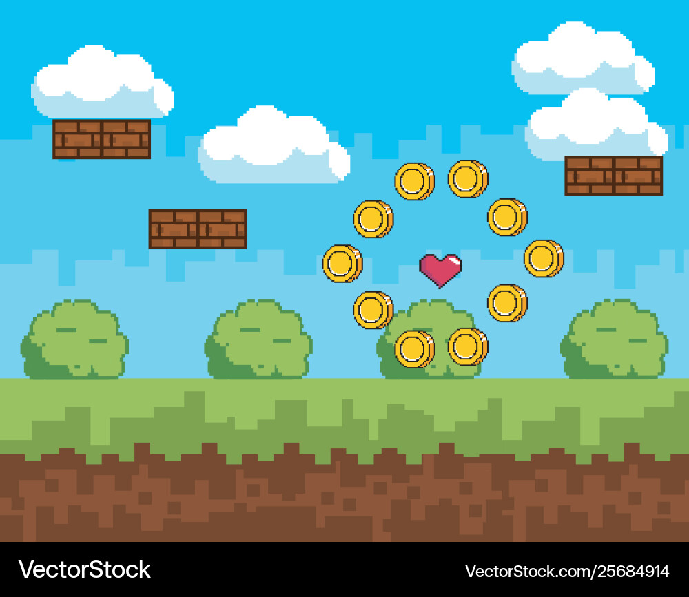 Arcade game world and pixel scene design Vector Image