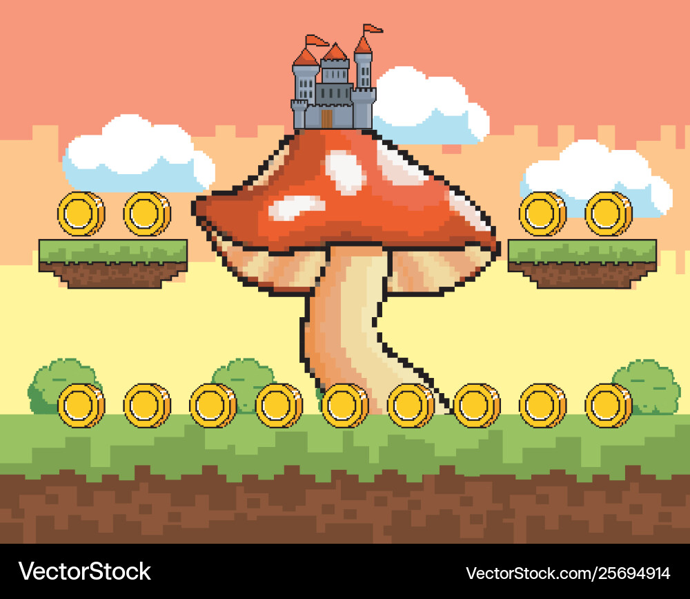 Arcade game world and pixel scene design Vector Image