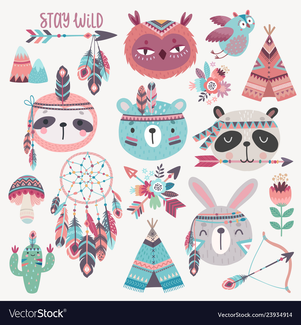 Cute woodland boho tribal characters rabbit owl Vector Image