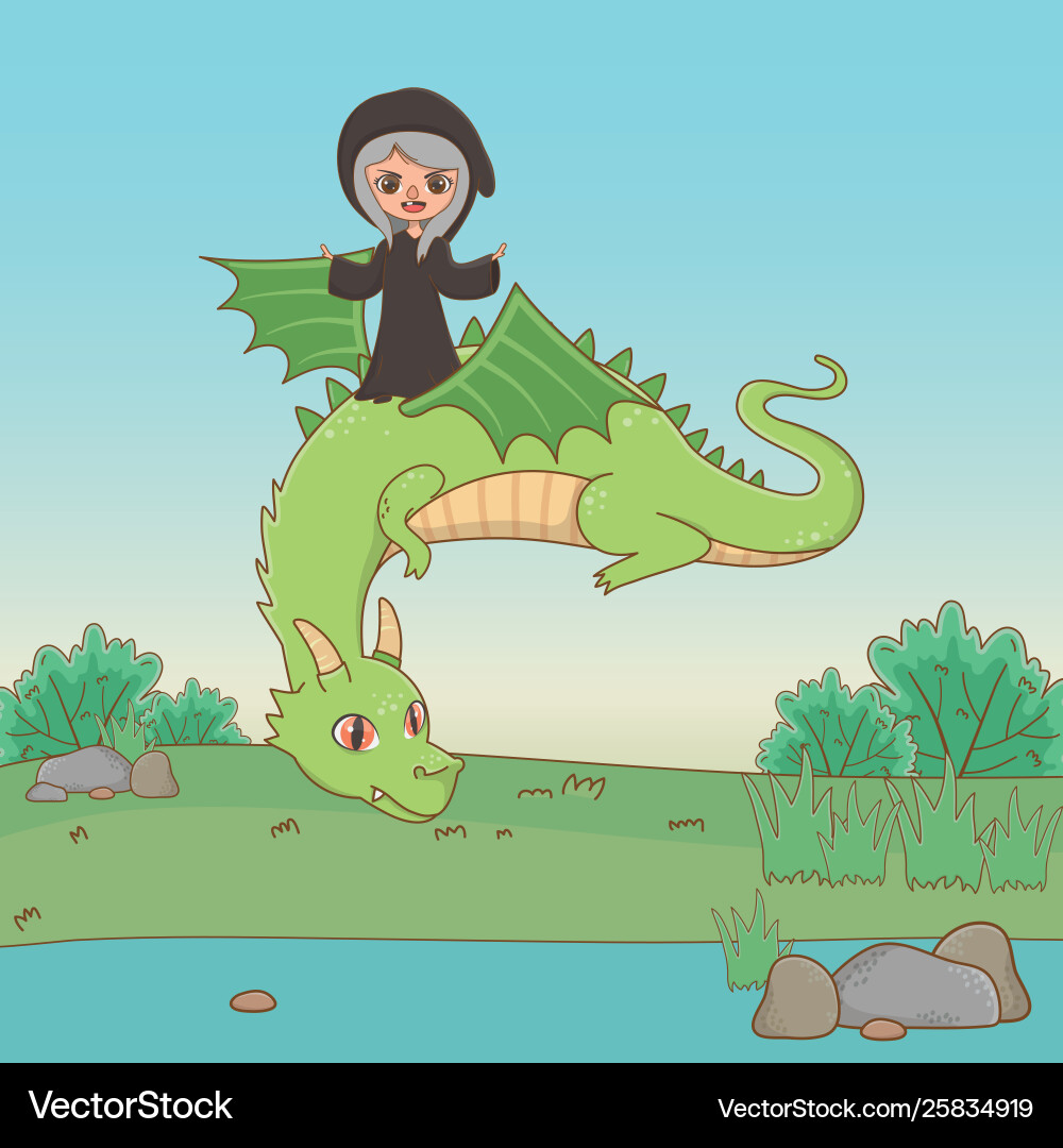 Dragon and witch fairytale design Royalty Free Vector Image