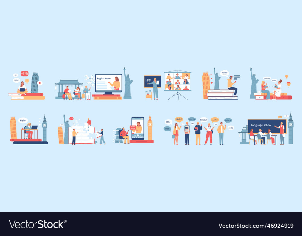 Language course flat set Royalty Free Vector Image