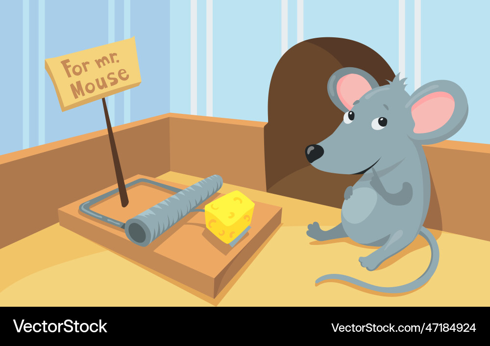 Gray mouse sitting in front of mousetrap Vector Image